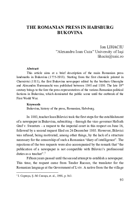 (PDF) THE ROMANIAN PRESS IN HABSBURG BUKOVINA