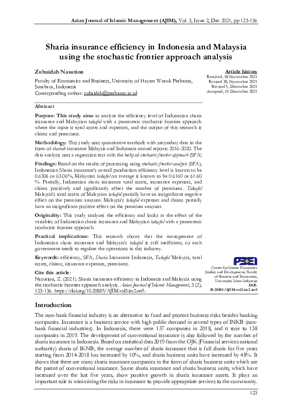 (PDF) Sharia insurance efficiency in Indonesia and Malaysia using the stochastic frontier ...
