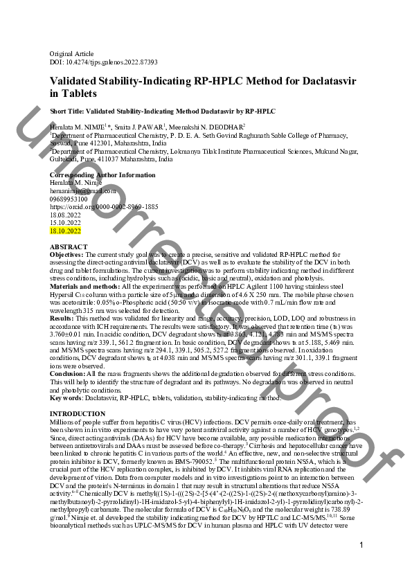 (PDF) Validated Stability-Indicating RP-HPLC Method for Daclatasvir in Tablets Short Title ...