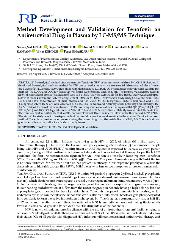 (PDF) Method Development and Validation for Tenofovir an Antiretroviral Drug in Plasma by LC-MS ...