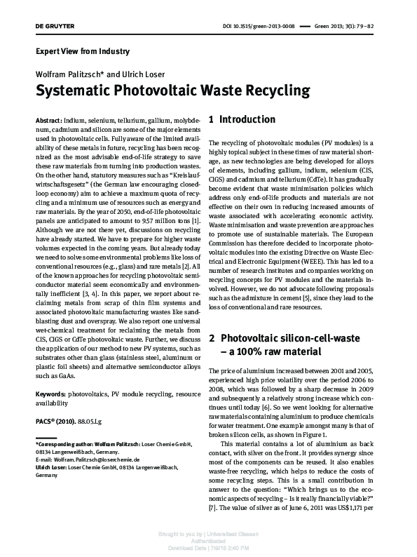 (PDF) Systematic Photovoltaic Waste Recycling