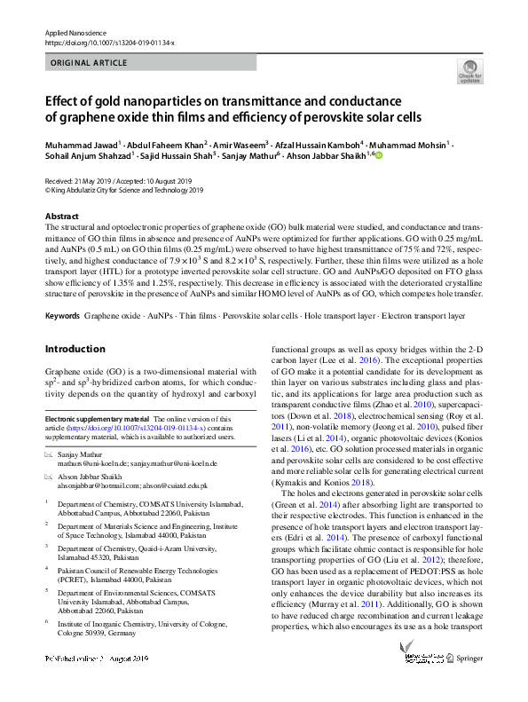 (PDF) Effect of gold nanoparticles on transmittance and conductance of ...