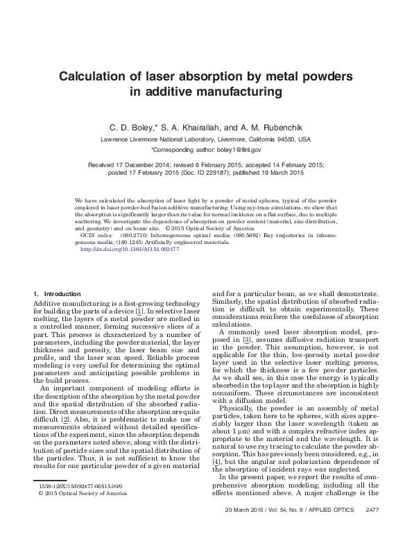 (PDF) Calculation of laser absorption by metal powders in additive ...