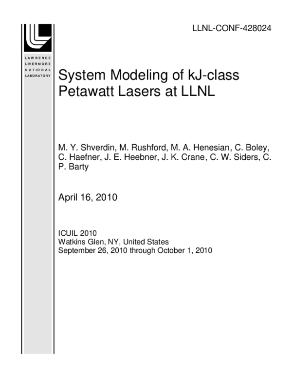 (PDF) System Modeling of kJ-class Petawatt Lasers at LLNL