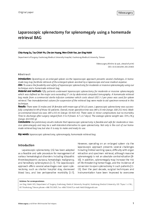 (PDF) Laparoscopic splenectomy for splenomegaly using a homemade ...