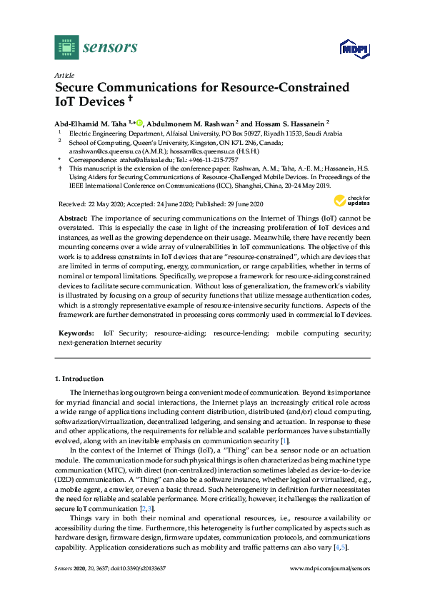 (PDF) Secure Communications for Resource-Constrained IoT Devices | Hatem A . Rashwan - Academia.edu