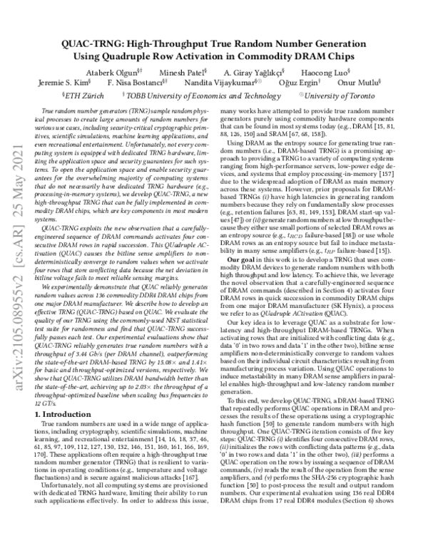 (PDF) QUAC-TRNG: High-Throughput True Random Number Generation Using Quadruple Row Activation in ...