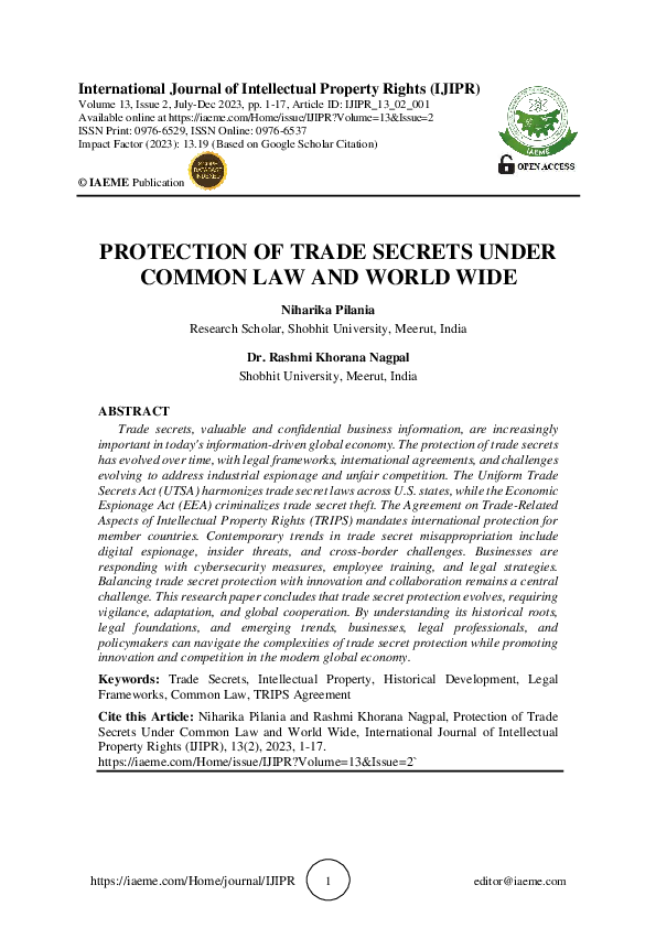 (PDF) PROTECTION OF TRADE SECRETS UNDER COMMON LAW AND WORLD WID