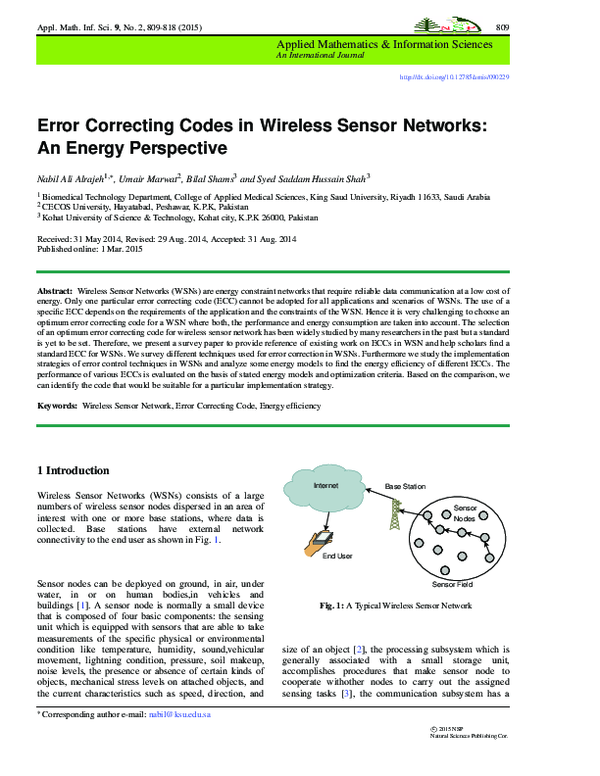(PDF) Error Correcting Codes in Wireless Sensor Networks: An Energy Perspective