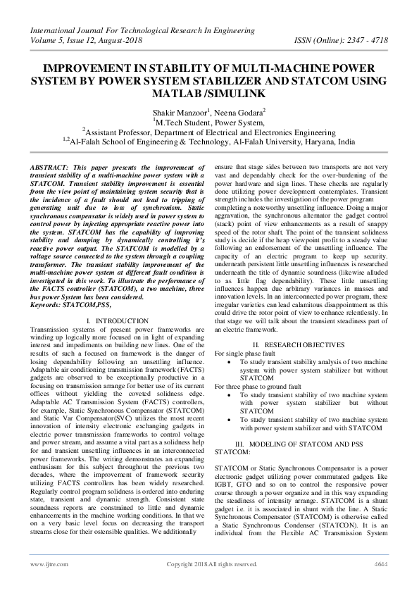 (PDF) Improvement in Stability of Multi-Machine Power System by Power System Stabilizer and ...