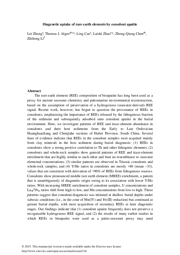 (PDF) Diagenetic uptake of rare earth elements by conodont apatite