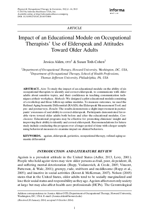 (PDF) Impact of an Educational Module on Occupational Therapists’ Use of Elderspeak and ...