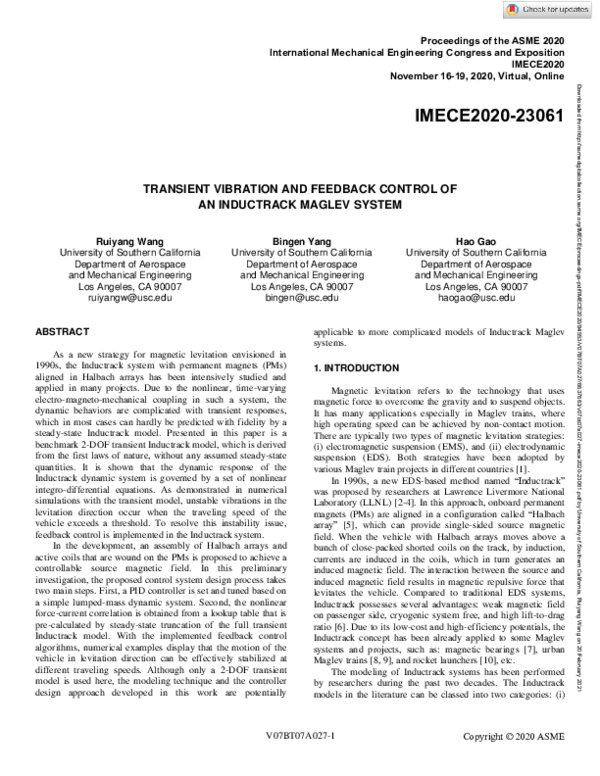 (PDF) Transient Vibration and Feedback Control of an Inductrack Maglev ...