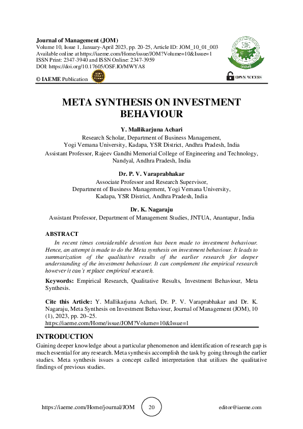 (PDF) META SYNTHESIS ON INVESTMENT BEHAVIOUR