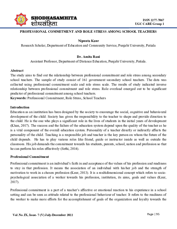 (PDF) PROFESSIONAL COMMITMENT AND ROLE STRESS AMONG SCHOOL TEACHERS