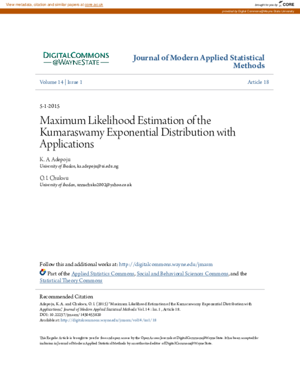 Pdf Maximum Likelihood Estimation Of The Kumaraswamy Exponential Distribution With Applications