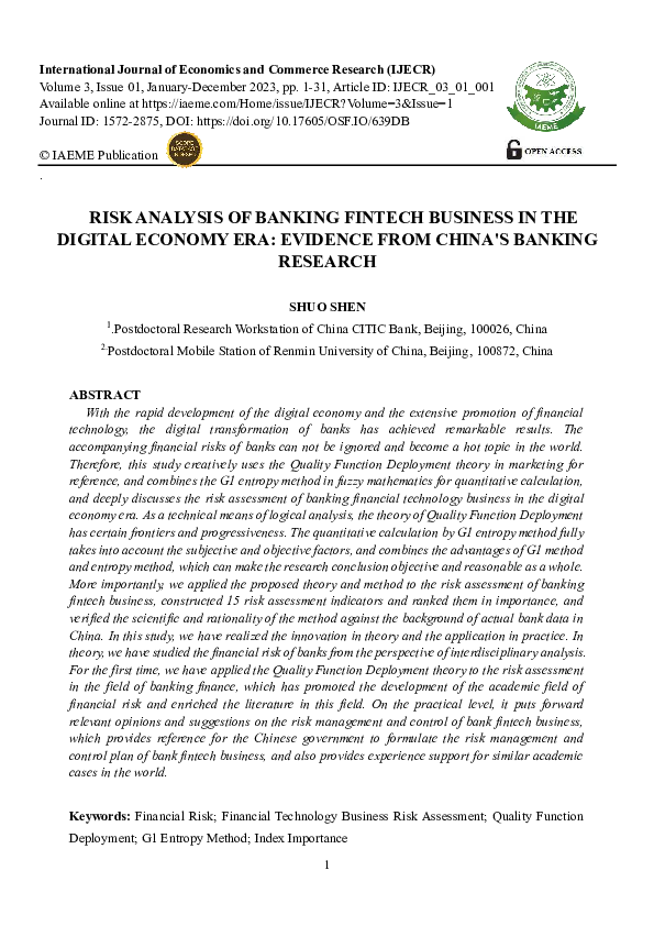 (PDF) RISK ANALYSIS OF BANKING FINTECH BUSINESS IN THE DIGITAL ECONOMY ...