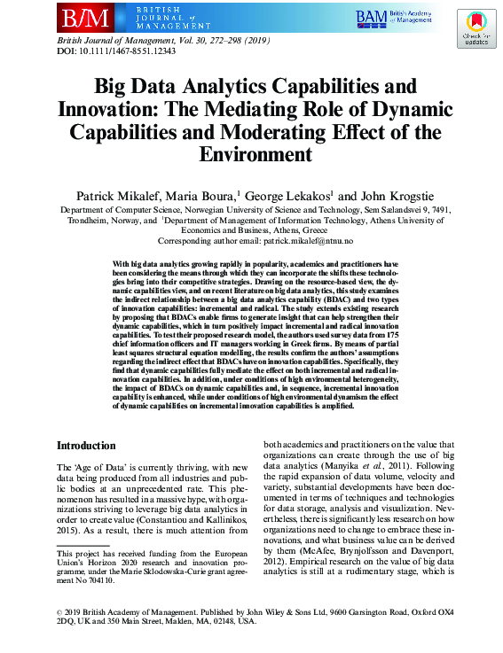 (PDF) Big Data Analytics Capabilities and Innovation: The Mediating Role of Dynamic Capabilities ...