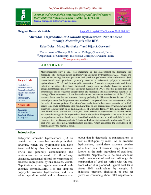(PDF) Microbial Degradation of Aromatic hydrocarbon: Naphthalene through Nocardiopsis alba RD3
