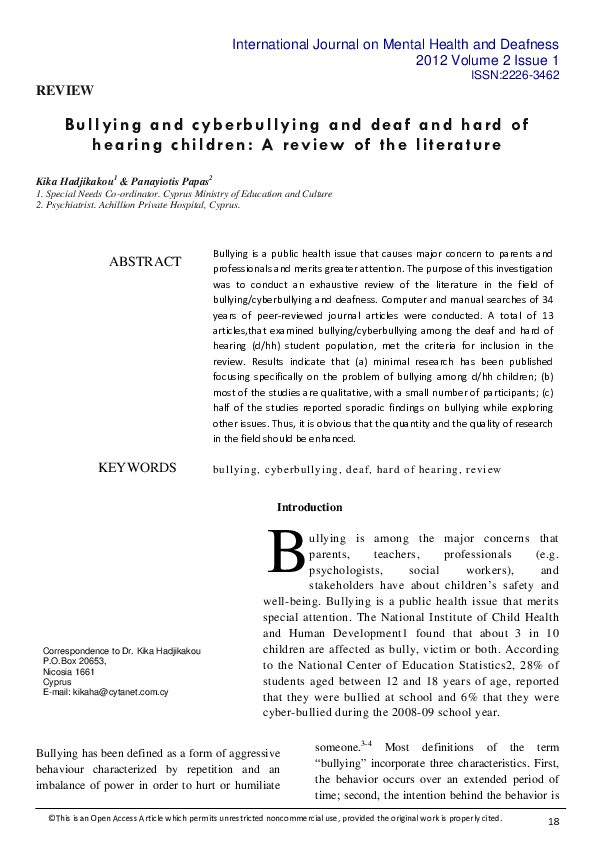 (PDF) Bullying and cyberbullying and deaf and hard of hearing children ...