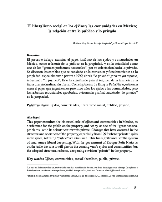 (PDF) El liberalismo social en los ejidos y las comunidades en México; la relación entre lo ...