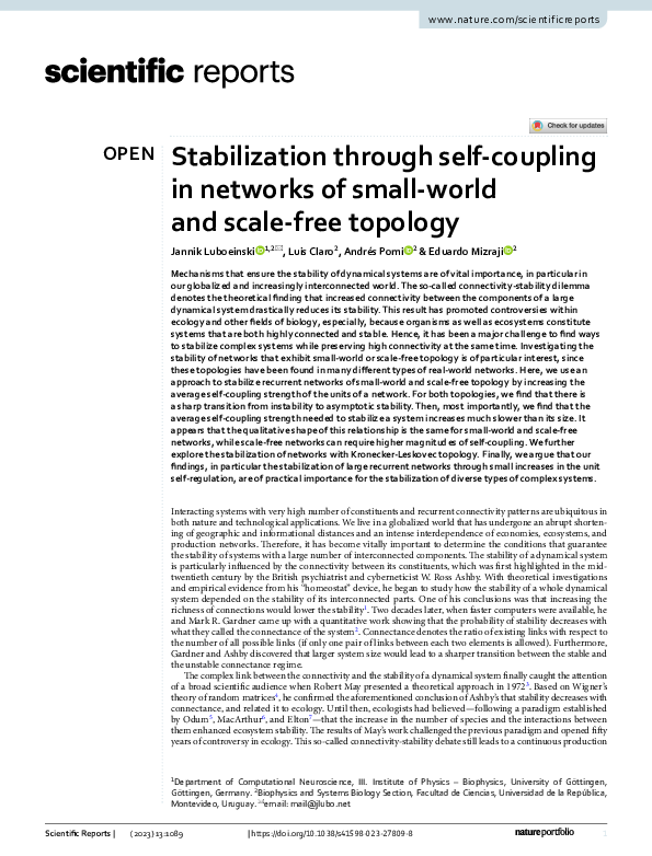 (PDF) Stabilization through self-coupling in networks of small-world and scale-free topology