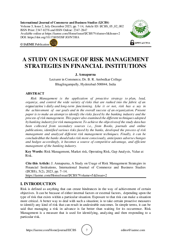 (PDF) A STUDY ON USAGE OF RISK MANAGEMENT STRATEGIES IN FINANCIAL ...