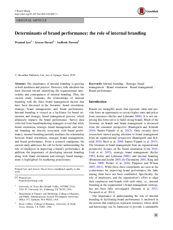 (PDF) Determinants of brand performance: the role of internal branding