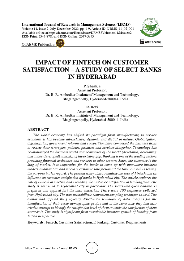 (PDF) IMPACT OF FINTECH ON CUSTOMER SATISFACTION – A STUDY OF SELECT BANKS IN HYDERABAD