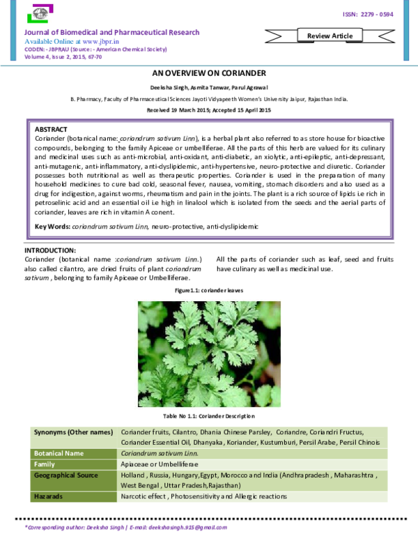(PDF) An Overview on Coriander