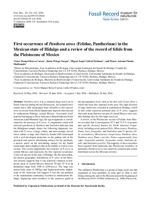 (PDF) First occurrence of Panthera atrox (Felidae, Pantherinae) in the ...