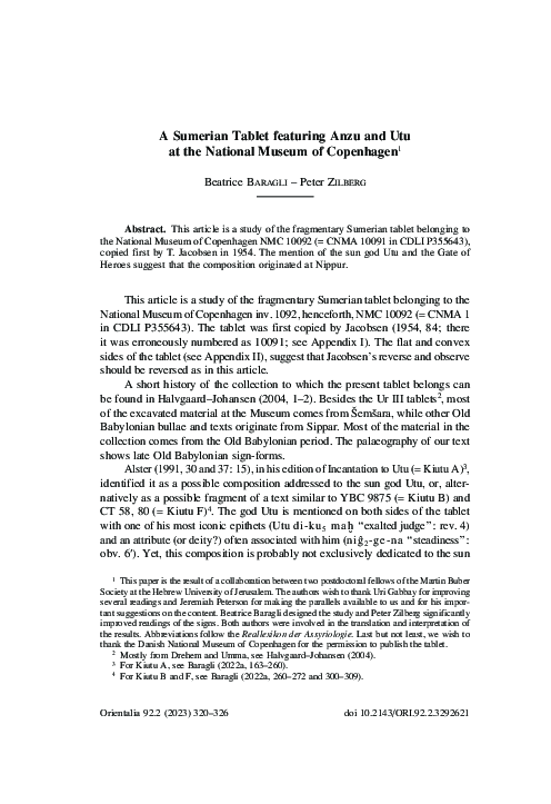 (PDF) Baragli and Zilberg 2023 A Sumerian Tablet featuring Anzu and Utu ...