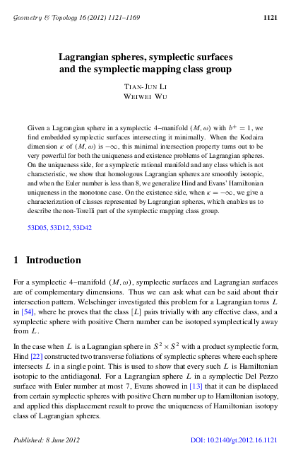 (PDF) Lagrangian spheres, symplectic surfaces and the symplectic ...