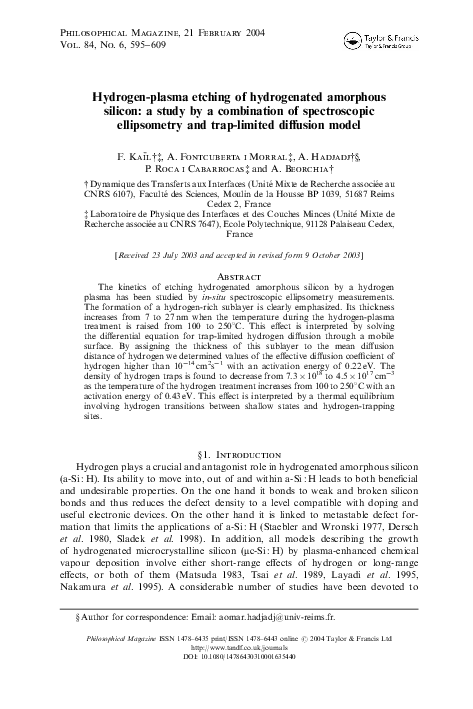 (PDF) Hydrogen-plasma etching of hydrogenated amorphous silicon: a study by a combination of ...