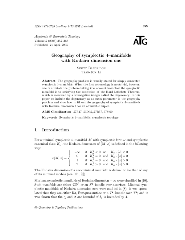 (PDF) Geography of symplectic 4–manifolds with Kodaira dimension one