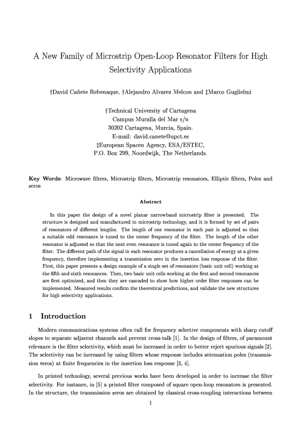 (PDF) A new family of microstrip open‐loop resonator filters for high‐selectivity applications