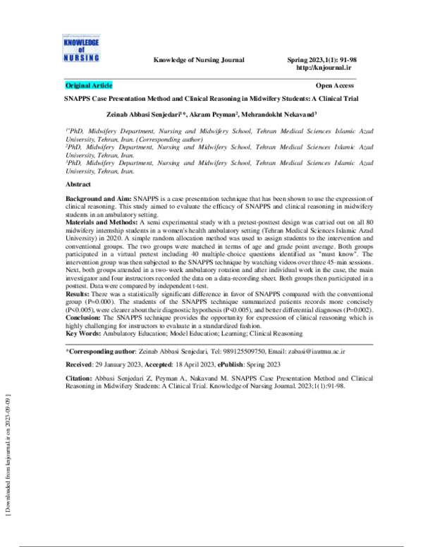 (PDF) SNAPPS Case Presentation Method and Clinical Reasoning in ...