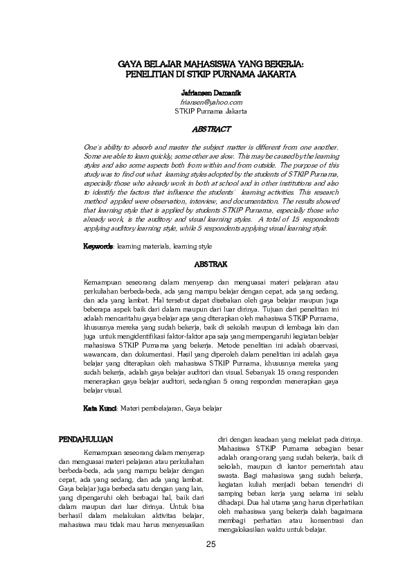 Gaya Belajar Mahasiswa Yang Bekerja: Penelitian DI Stkip Purnama Jakarta