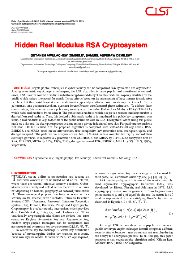 (PDF) Hidden Real Modulus RSA Cryptosystem