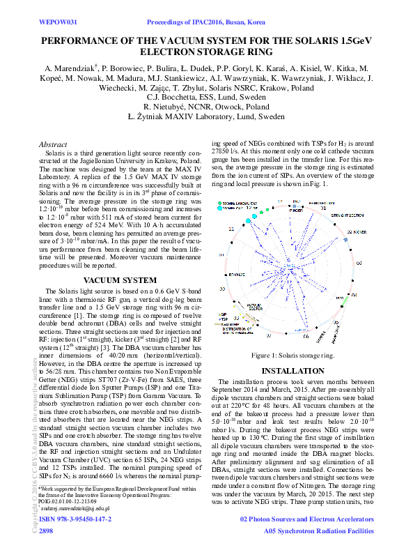 (PDF) Performance of the Vacuum System for the Solaris 1.5 GeV Electron ...