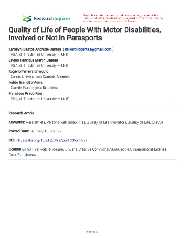 (PDF) Quality of Life of People With Motor Disabilities, Involved or ...