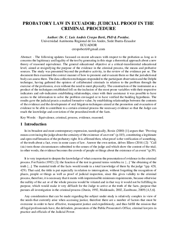 (PDF) PROBATORY LAW IN ECUADOR: JUDICIAL PROOF IN THE CRIMINAL PROCEDURE