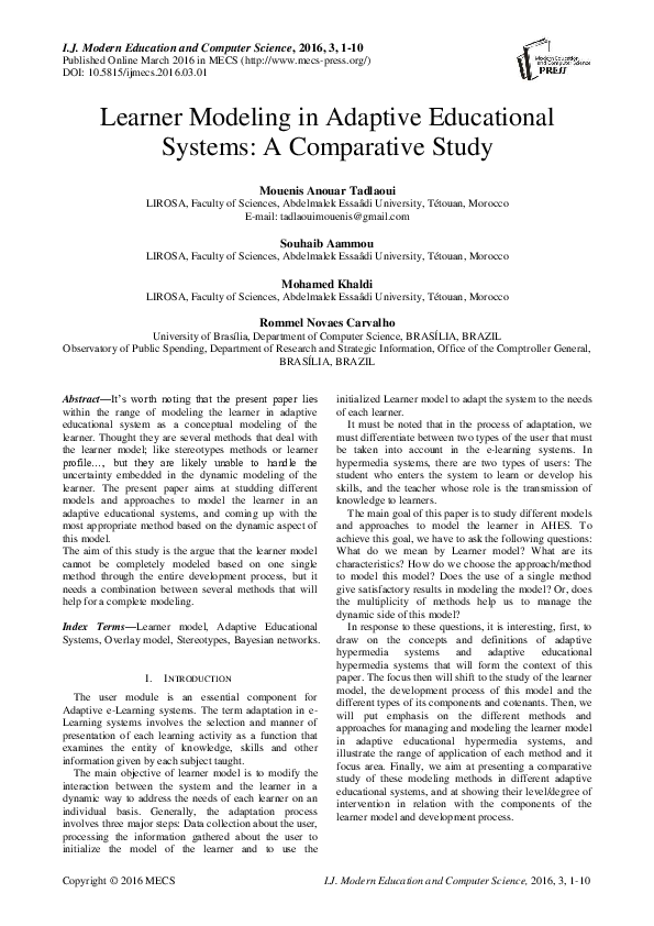 (PDF) Learner Modeling in Adaptive Educational Systems: A Comparative Study