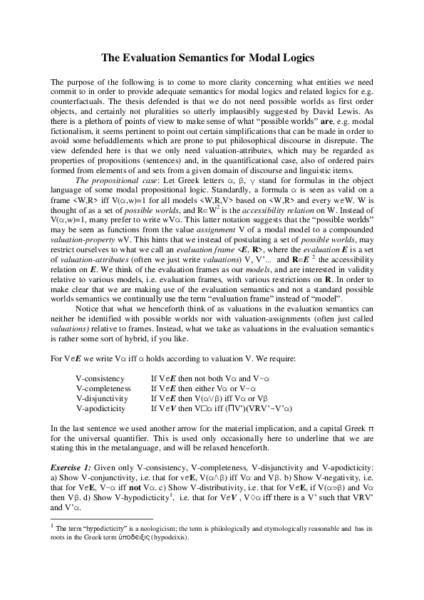 (PDF) The Evaluation Semantics for Modal Logics