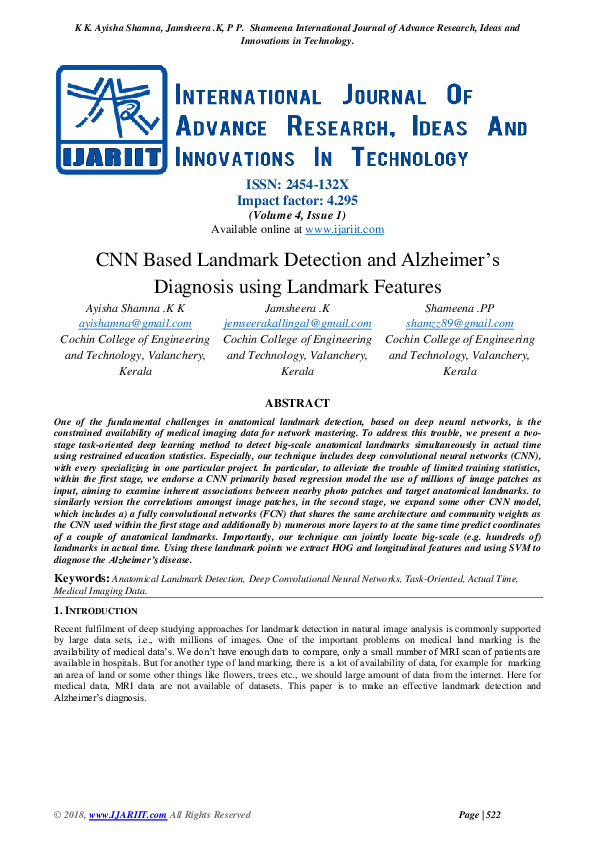 (PDF) CNN Based Landmark Detection and Alzheimer’s Diagnosis Using Landmark Feature