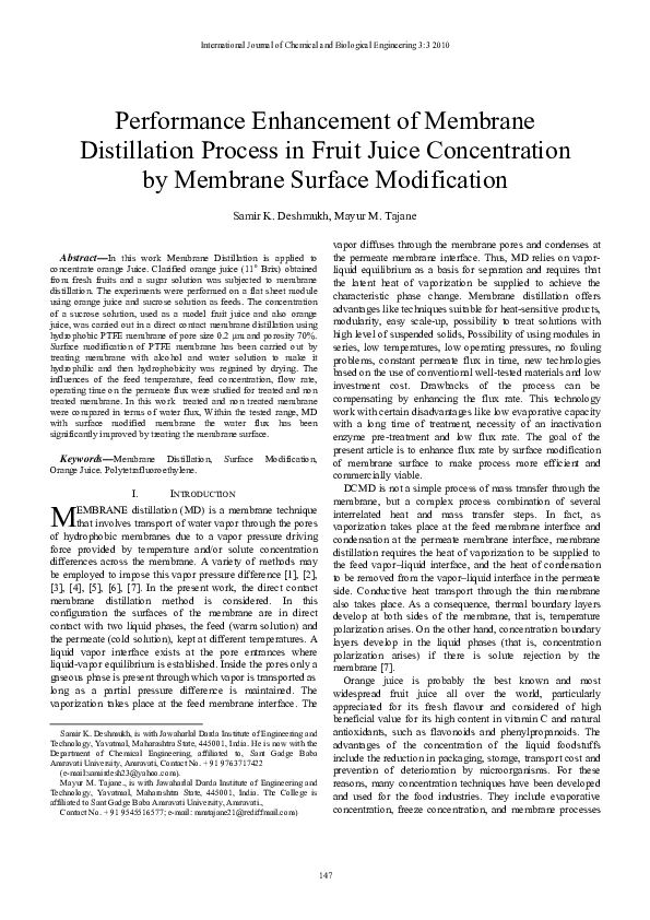 Pdf Performance Enhancement Of Membrane Distillation Process In Fruit