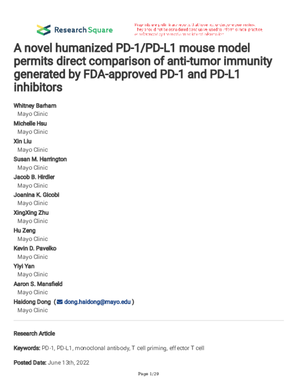 (PDF) A novel humanized PD-1/PD-L1 mouse model permits direct comparison of anti-tumor immunity ...