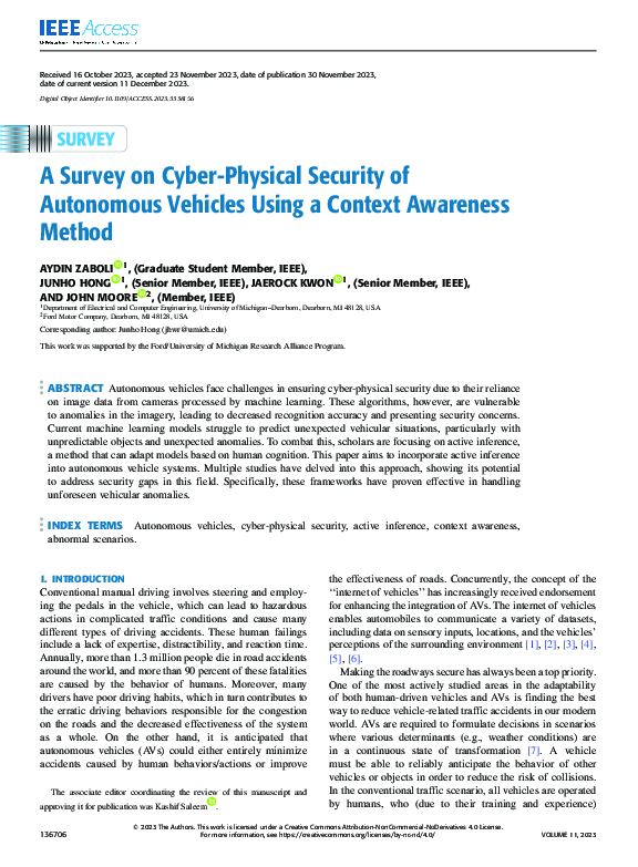 (PDF) A Survey on Cyber-Physical Security of Autonomous Vehicles Using a Context Awareness Method
