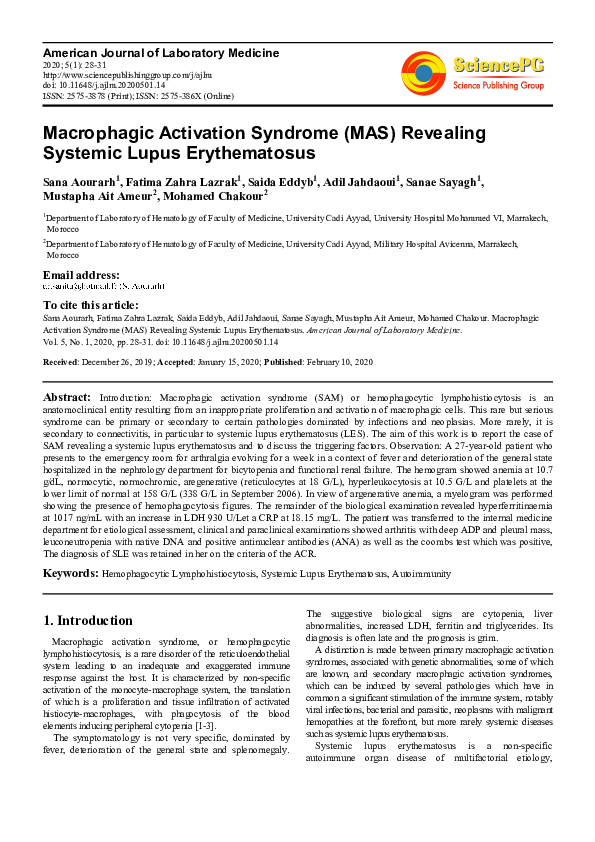 (PDF) Macrophagic Activation Syndrome (MAS) Revealing Systemic Lupus ...