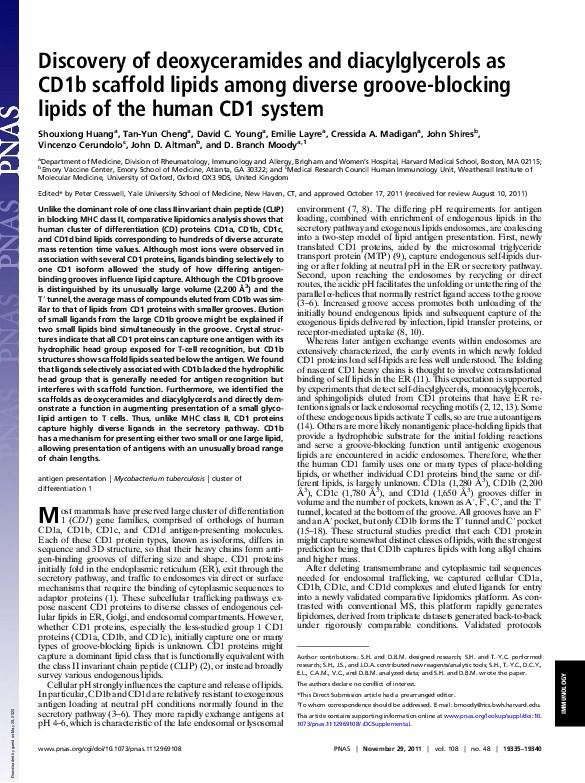 (PDF) Discovery of deoxyceramides and diacylglycerols as CD1b scaffold lipids among diverse ...